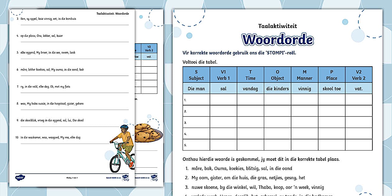 Graad 4 - Afrikaans EAT - Taalaktiwiteit: Woordorde - Twinkl