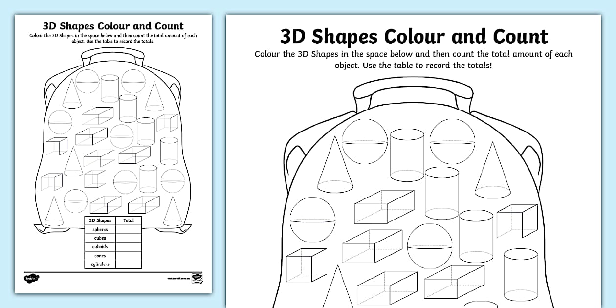 3D Shapes Colour and Count Worksheet (teacher made) - Twinkl