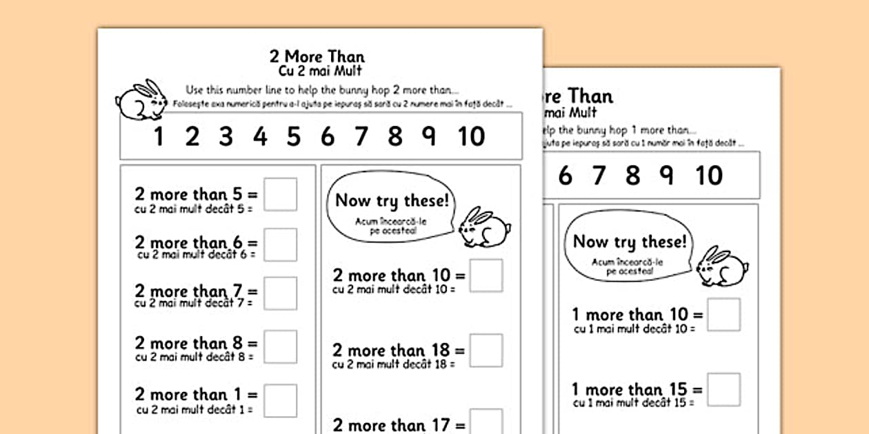 1 More and 2 More Worksheet Romanian Translation - Twinkl