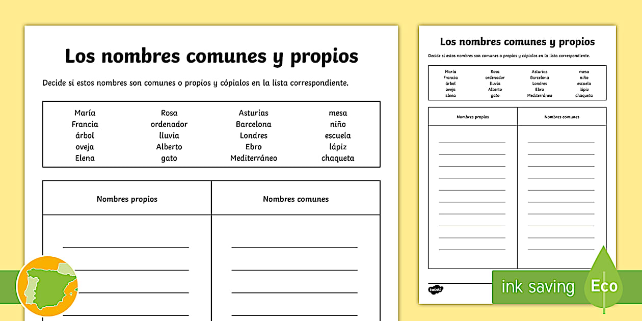 Ficha de nombres propios y comunes, normas de ortografía