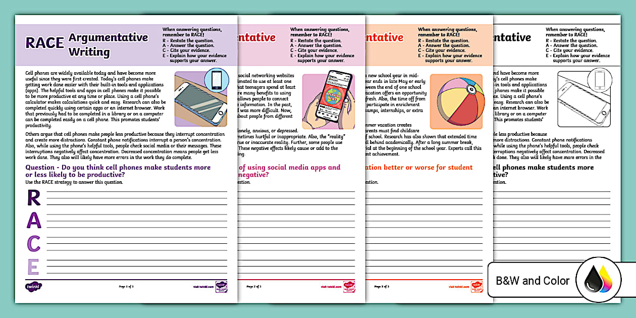 Sixth Grade RACE Argumentative Writing Practice Worksheet