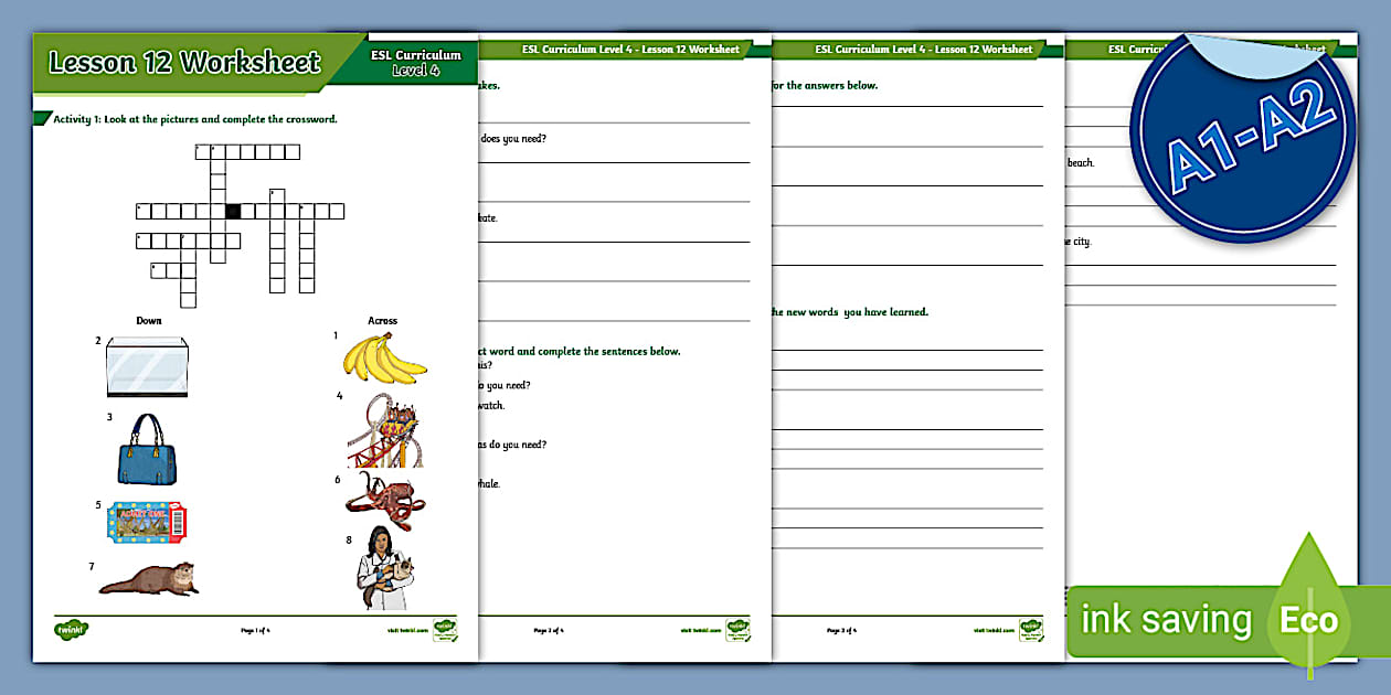 ESL Curriculum: Level 4, Lesson 12 Worksheet (teacher made)