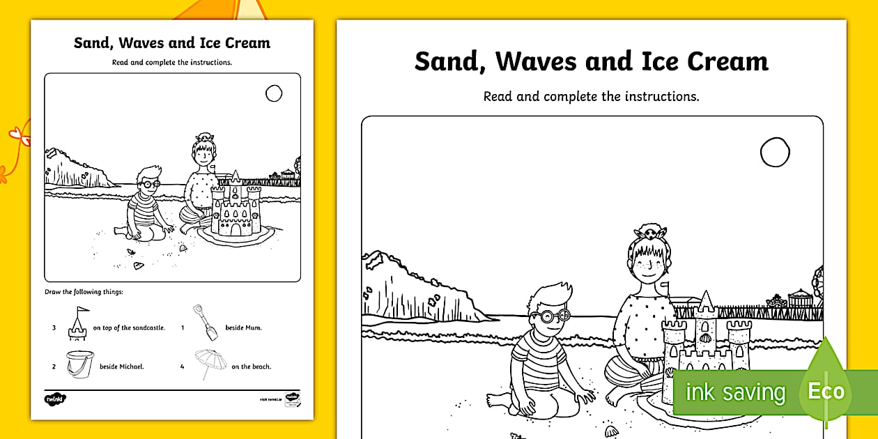 Sand, Waves and Ice Cream Draw and Count Worksheet / Worksheet