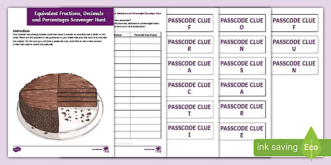 Equivalent Fractions, Decimals & Percentages Scavenger Hunt
