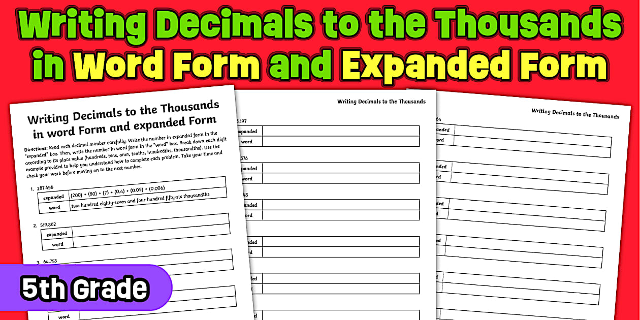 Fifth Grade Writing Decimals to the Thousands Worksheet