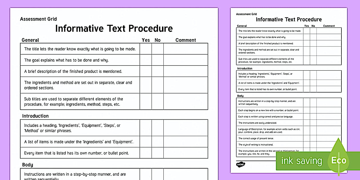 Informative Text Procedure Assessment Tracker - Twinkl