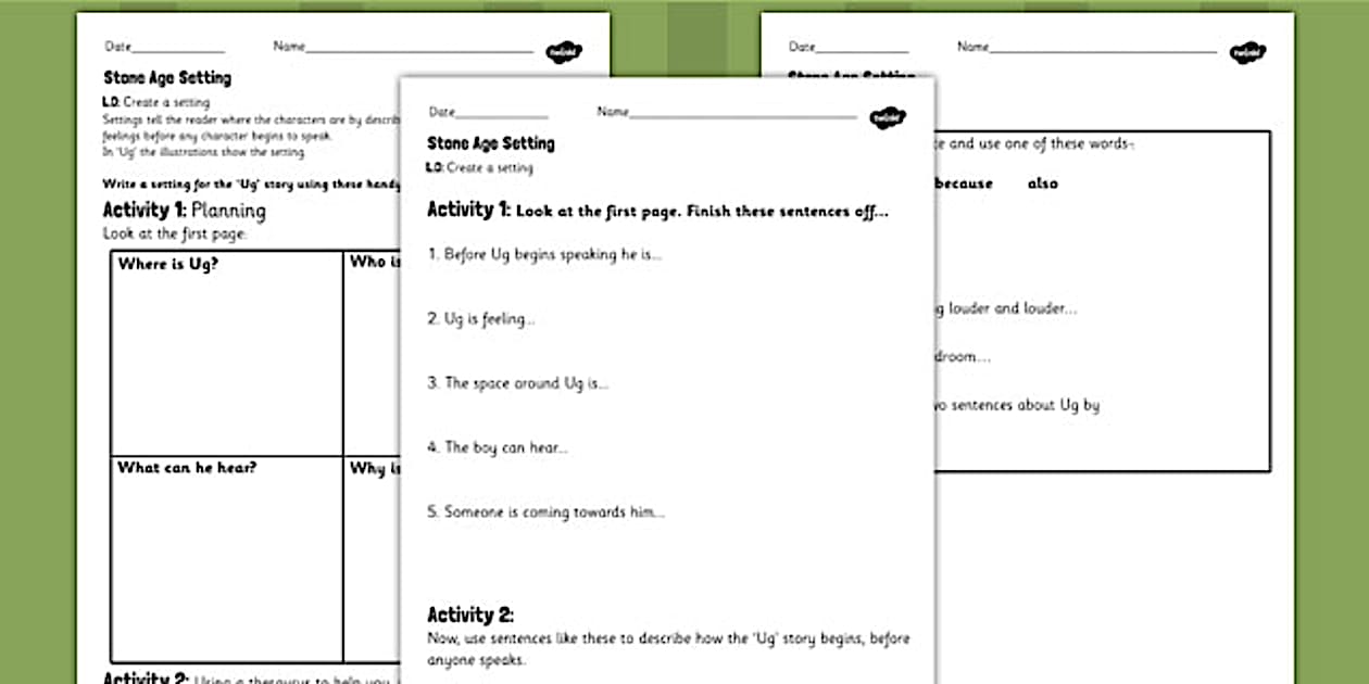 Stone Age Setting Worksheets to Support Teaching on Ug
