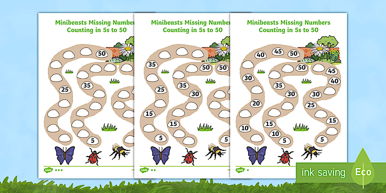 Editable Differentiated Counting in 5s to 50 Minibeast Worksheets