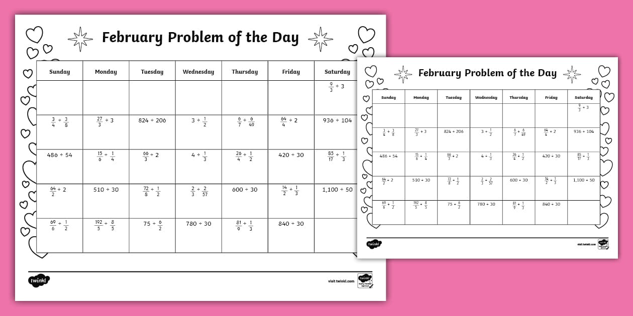 Sixth Grade February Math Problem of the Day Calendar