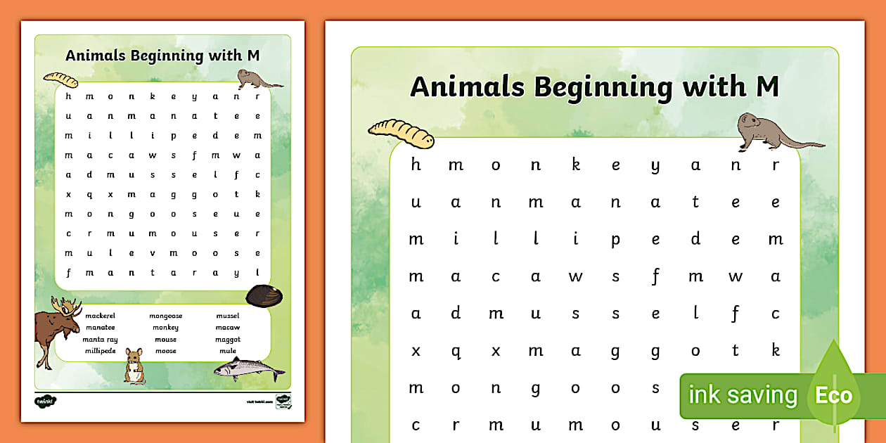 Animals Beginning with M Word Search (Teacher-Made) - Twinkl