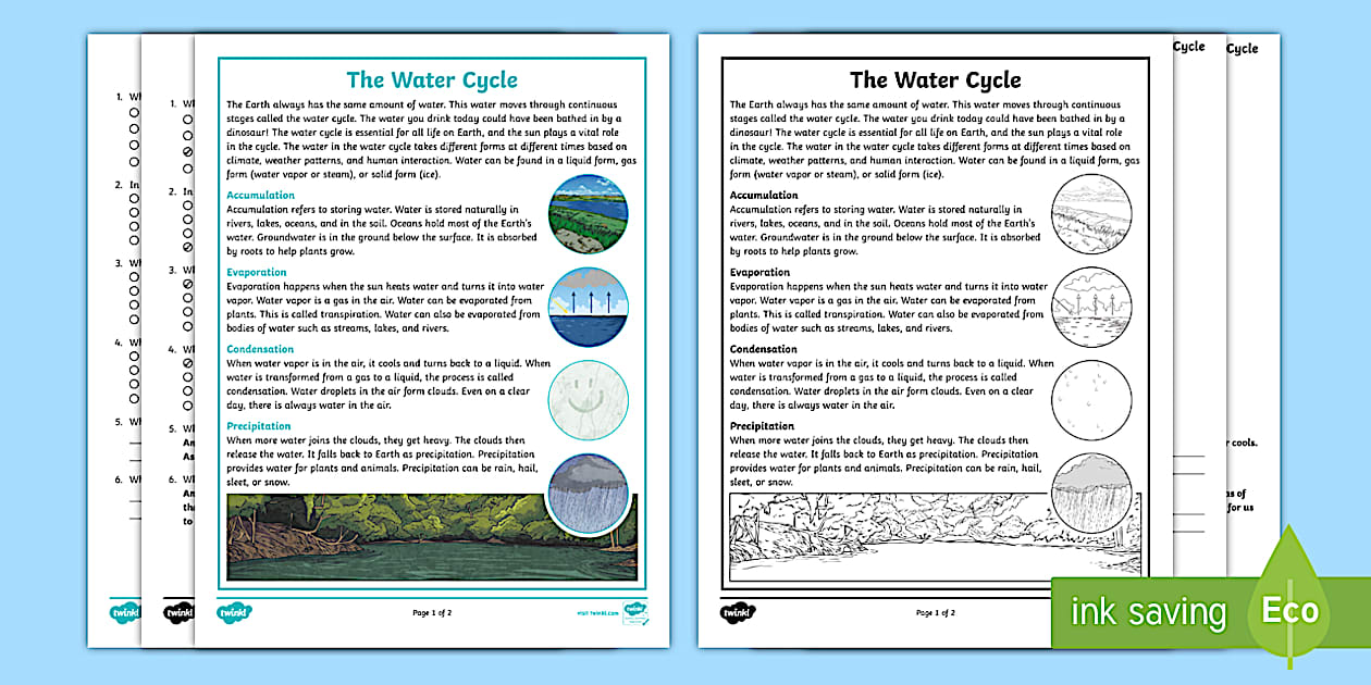 Third Grade The Water Cycle Reading Comprehension Worksheet