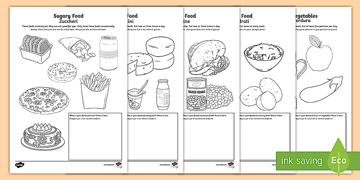 Healthy Eating Colouring Sheets English/Italian - Healthy Eating Colouring