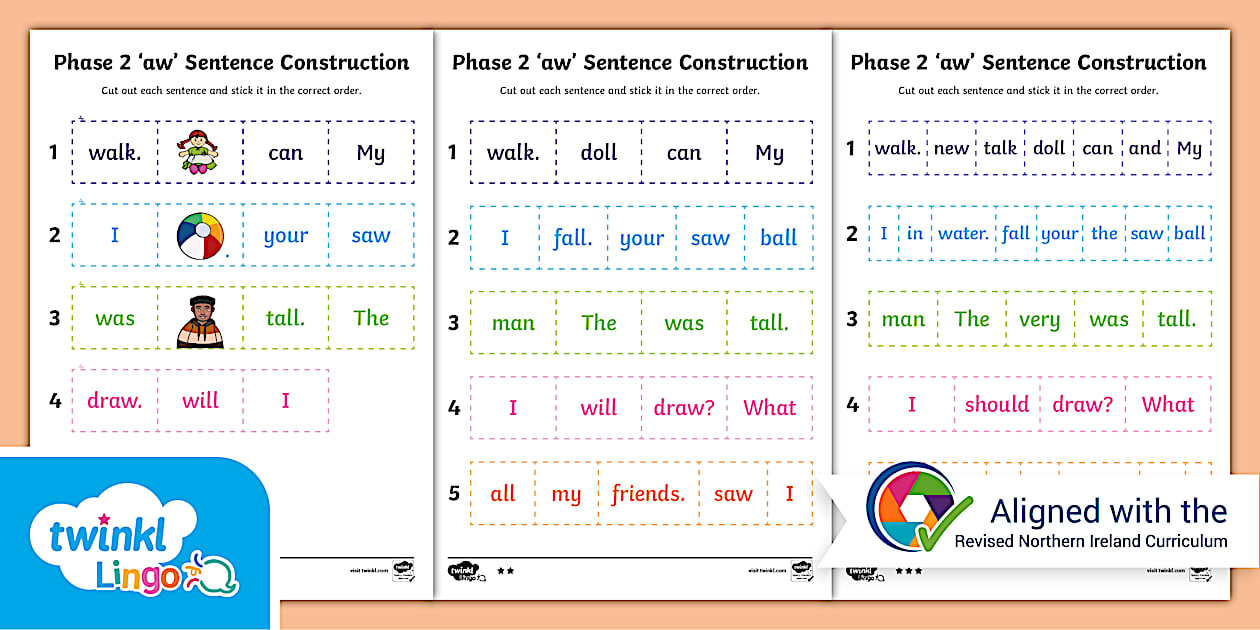 Linguistic Phonics Phase 2 'aw' Sentence Construction