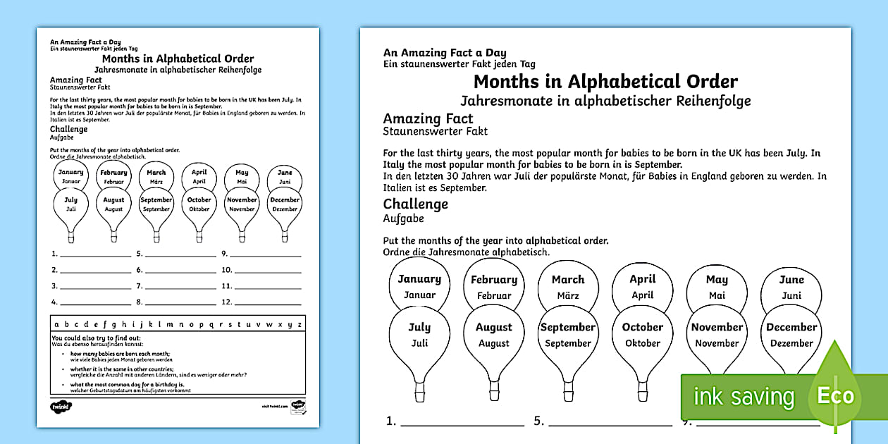 Months in Alphabetical Order Worksheet / Worksheet - English/German