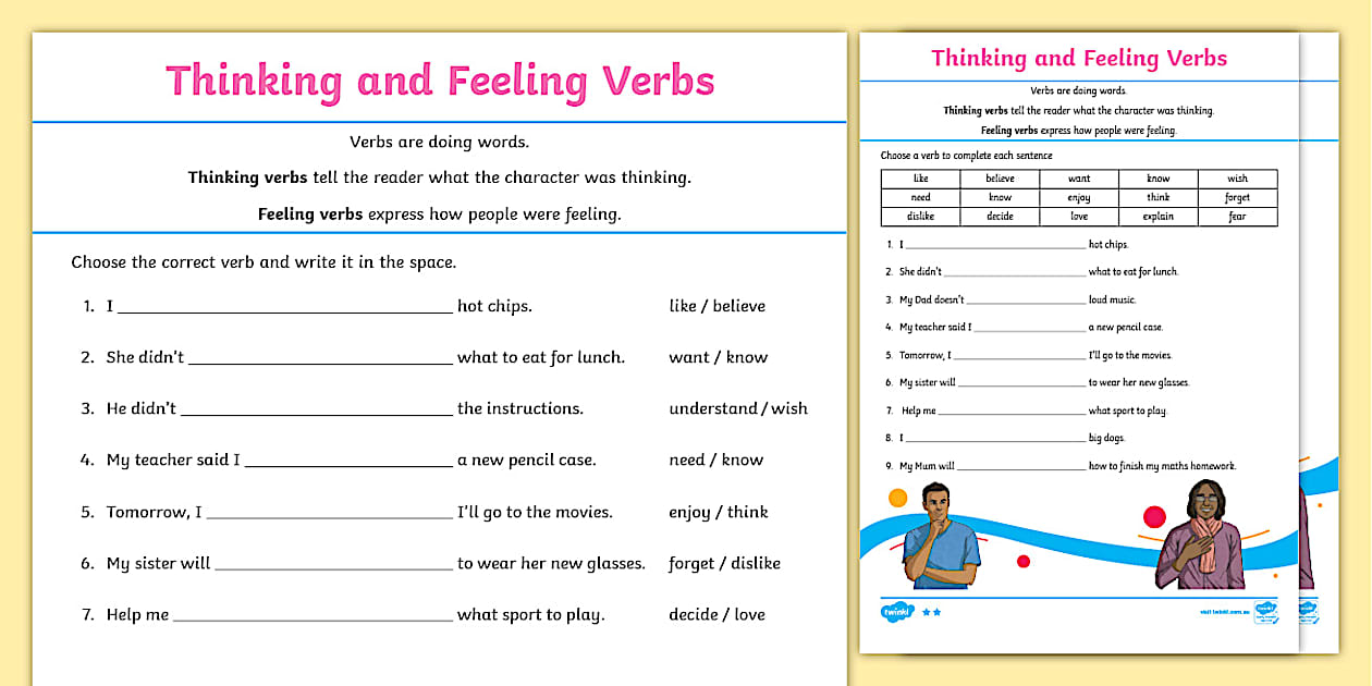Feeling Verbs worksheet | Primary English Resources - Twinkl
