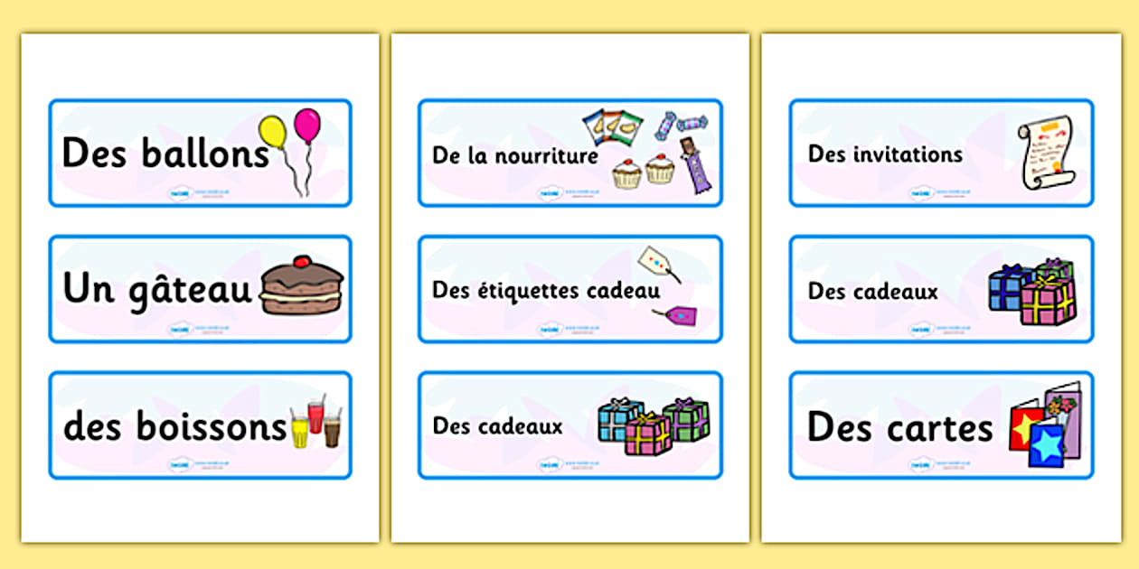 Birthday Topic Word Cards French