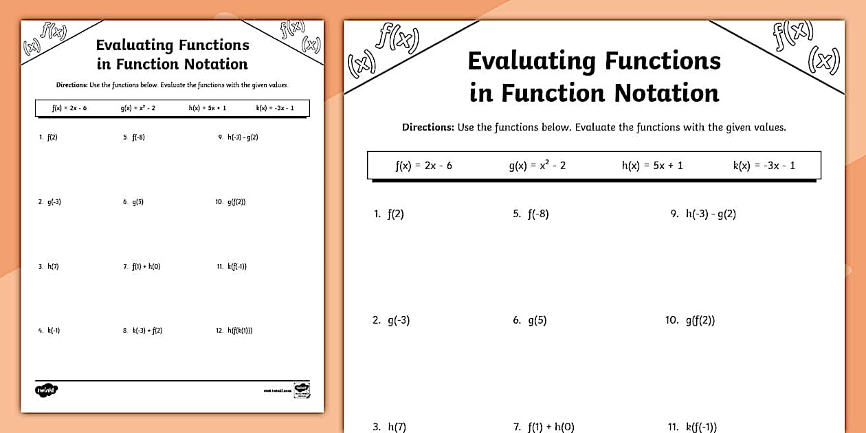 Algebra I Evaluating Functions in Function Notation Practice