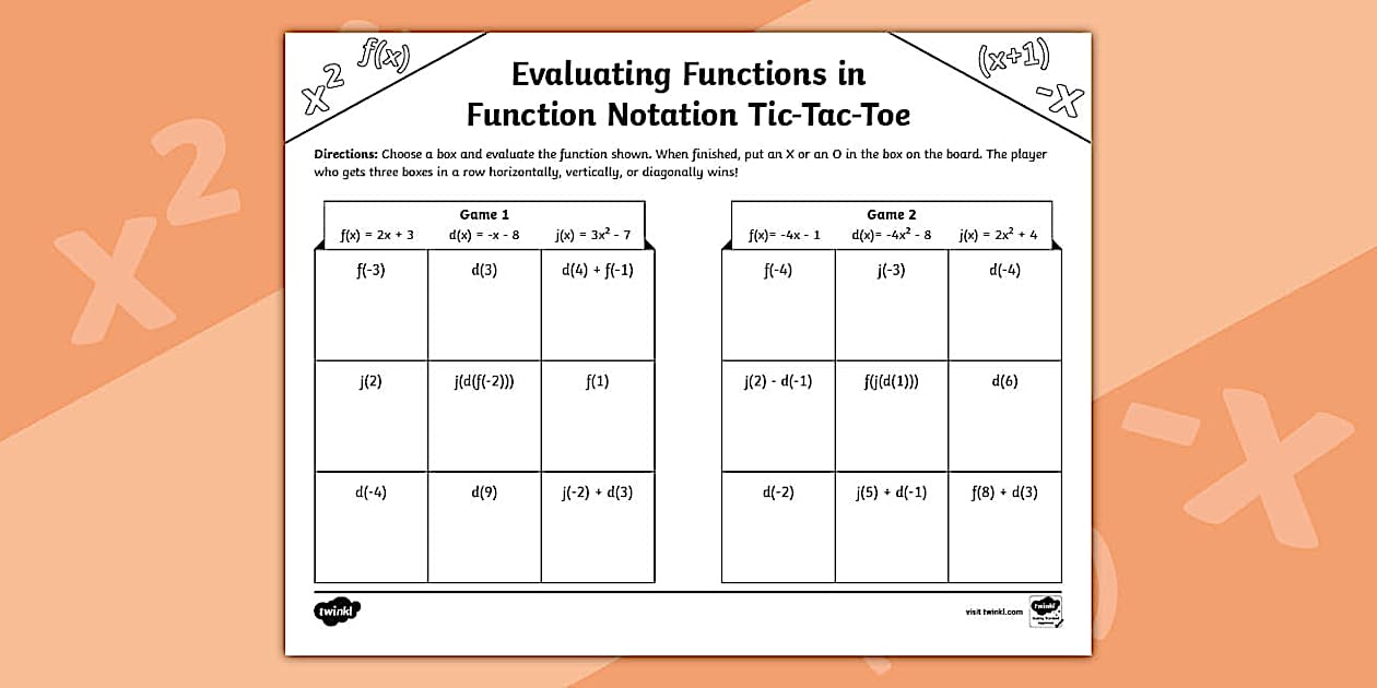 Algebra I Evaluating Functions In Function Notation Tic Tac Toe