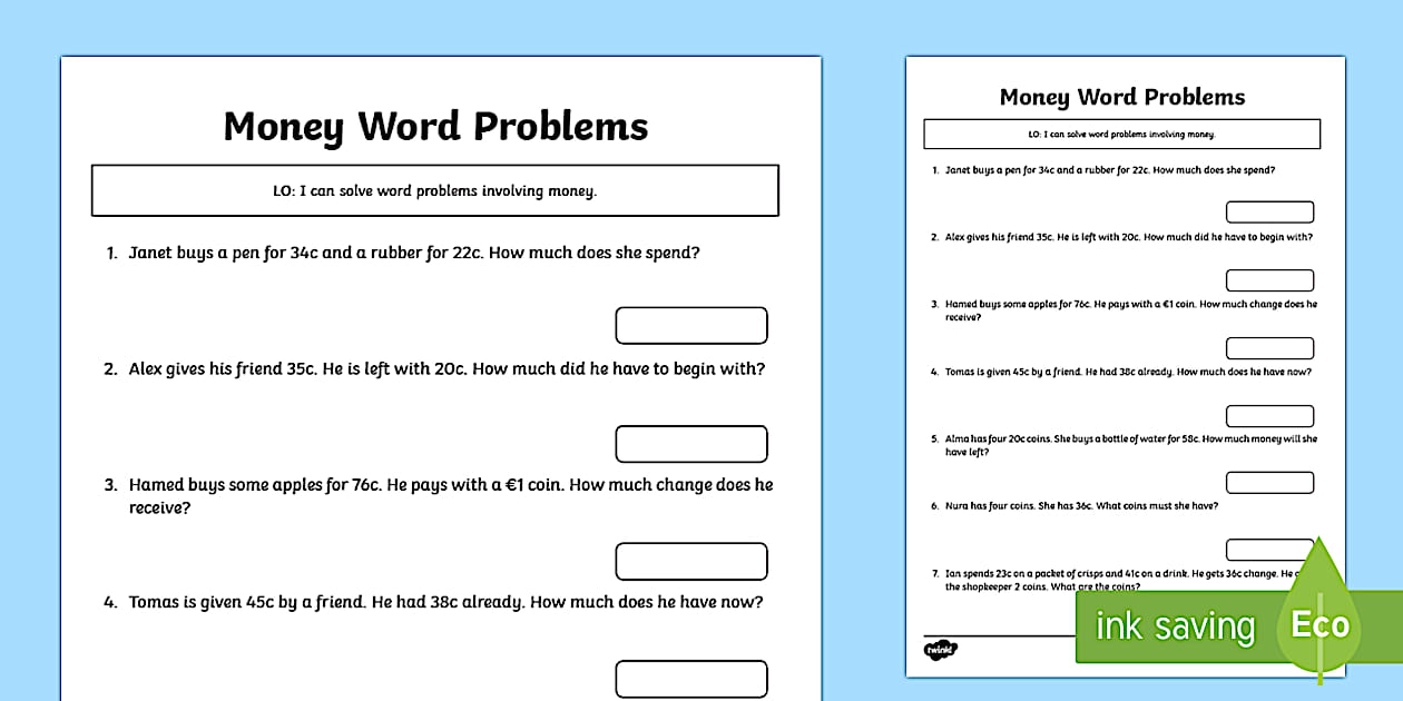 Euros Word Problem Worksheet / Worksheet (teacher made)