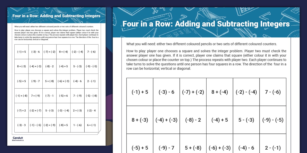 Adding and Subtracting Integers Four in a Row (teacher made)