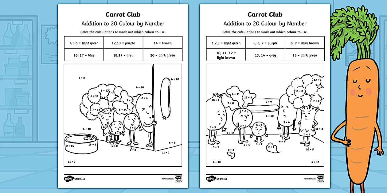Carrot Club Addition to 20 Colour by Number - Twinkl