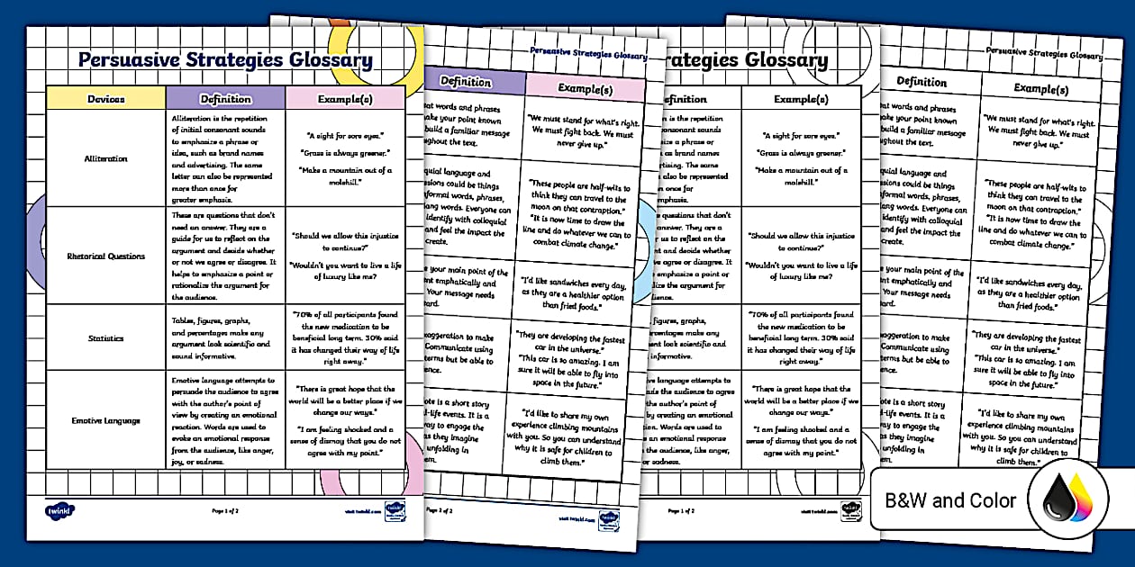 Persuasive Strategies Glossary for 6th-8th Grade