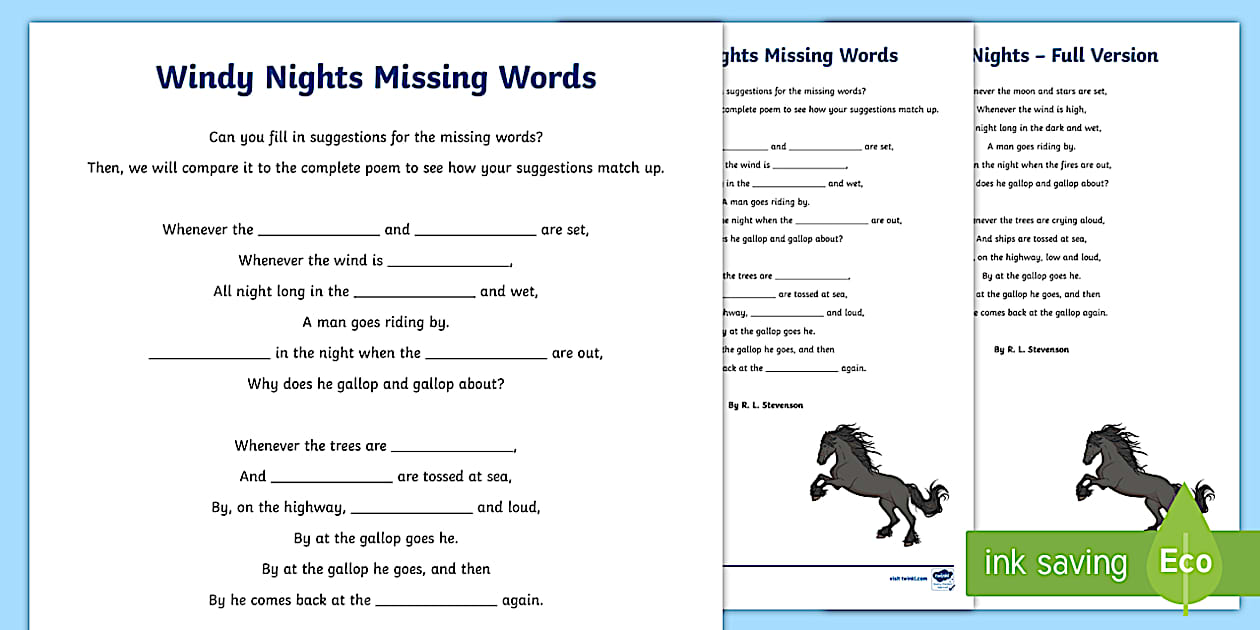 Missing Words Worksheet / Worksheet to Support Teaching on Windy Nights ...