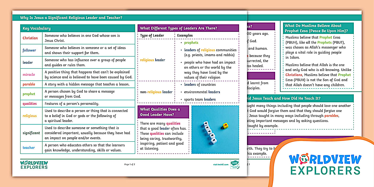 RE: Jesus - Teacher and Leader: Knowledge Organiser - Twinkl
