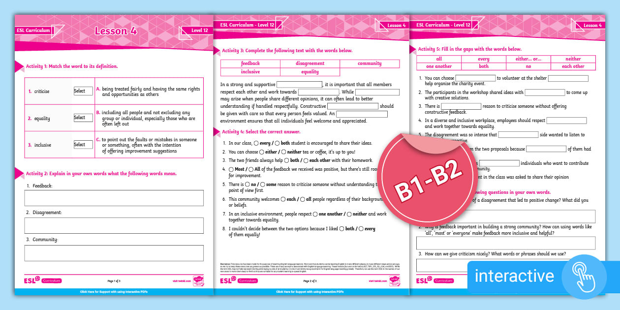 ESL Curriculum Level 12, Lesson 4 Interactive Activity Sheet