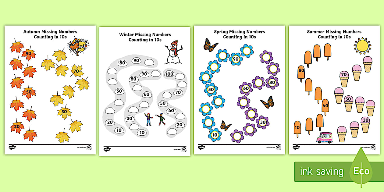Editable Seasons Path Missing Numbers Counting in 10s Activity Pack