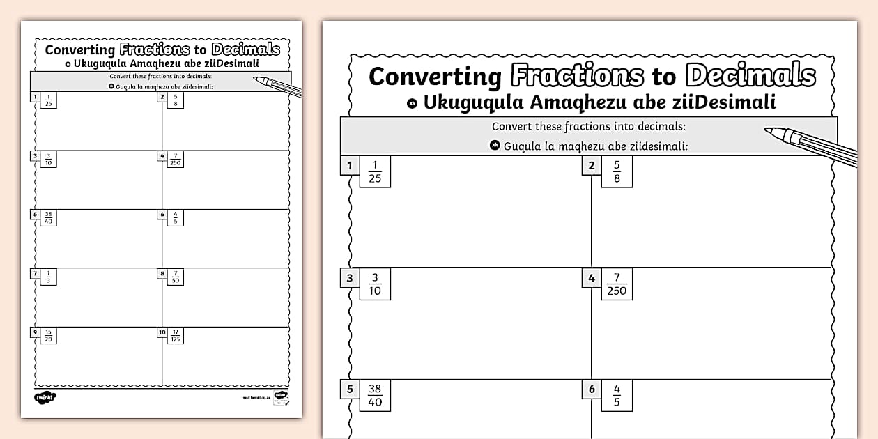 Converting Fractions to Decimals: Activity Sheet isiXhosa