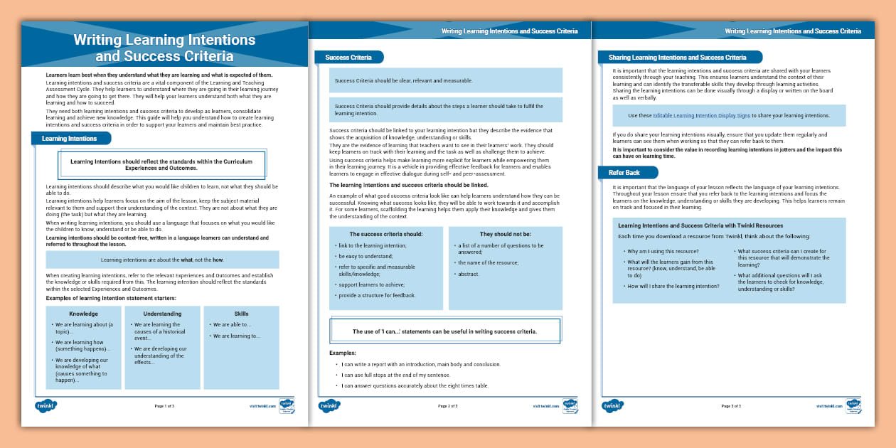 Writing Learning Intentions and Success Criteria Examples