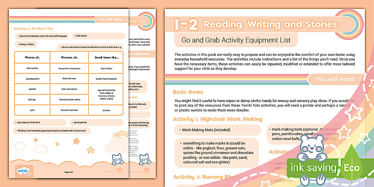 1-2 Years Months Reading, Writing and Stories Equipment List