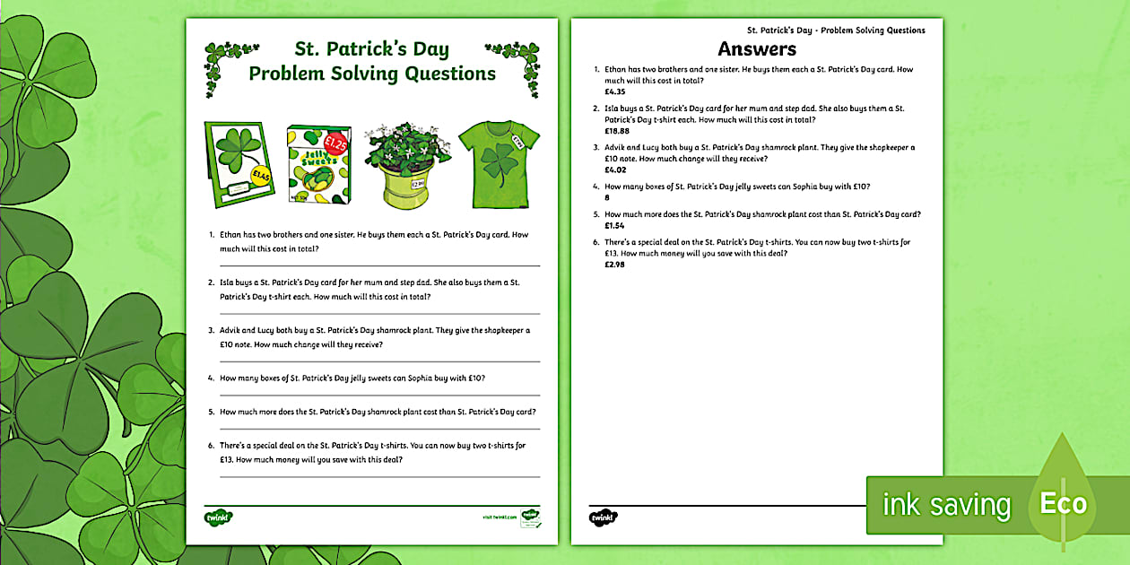 Black and White St. Patrick's Day Maths Money Problems Worksheet
