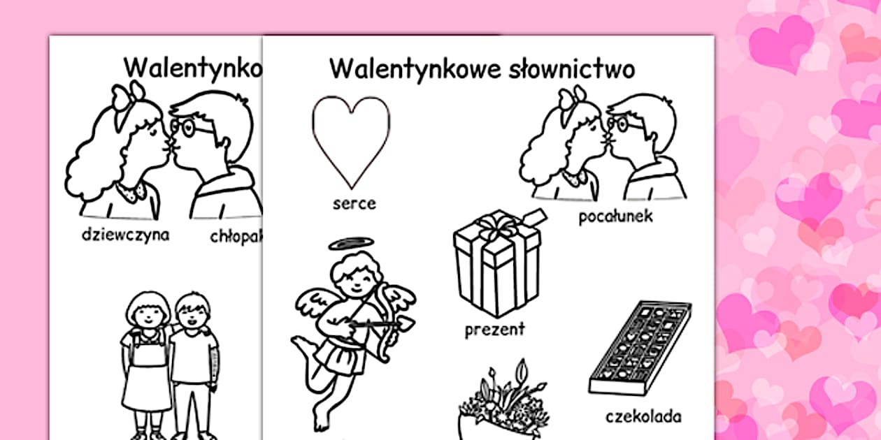 Kolorowanka na Walentynki ze slownictwem po polsku - Twinkl