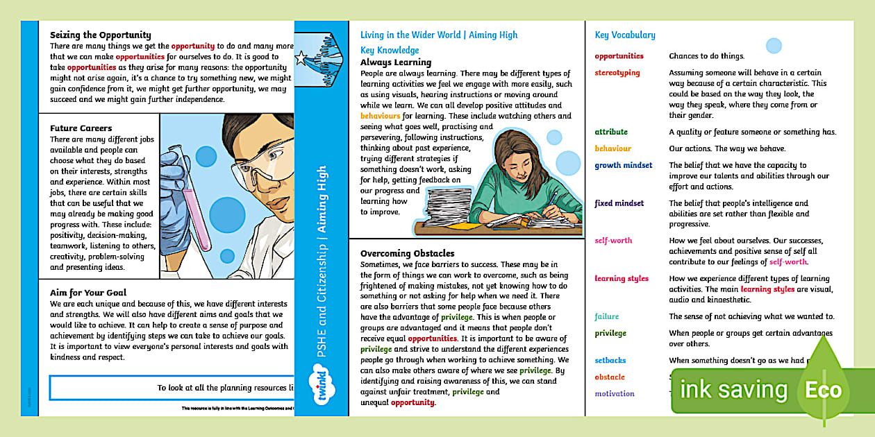 PSHE: UKS2 Aiming High - Knowledge Organiser - Twinkl