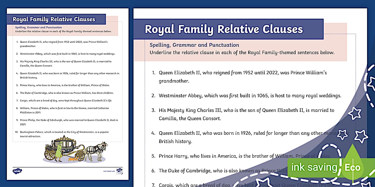 Royal Family Relative Clauses Worksheet (Ages 9 - 11)