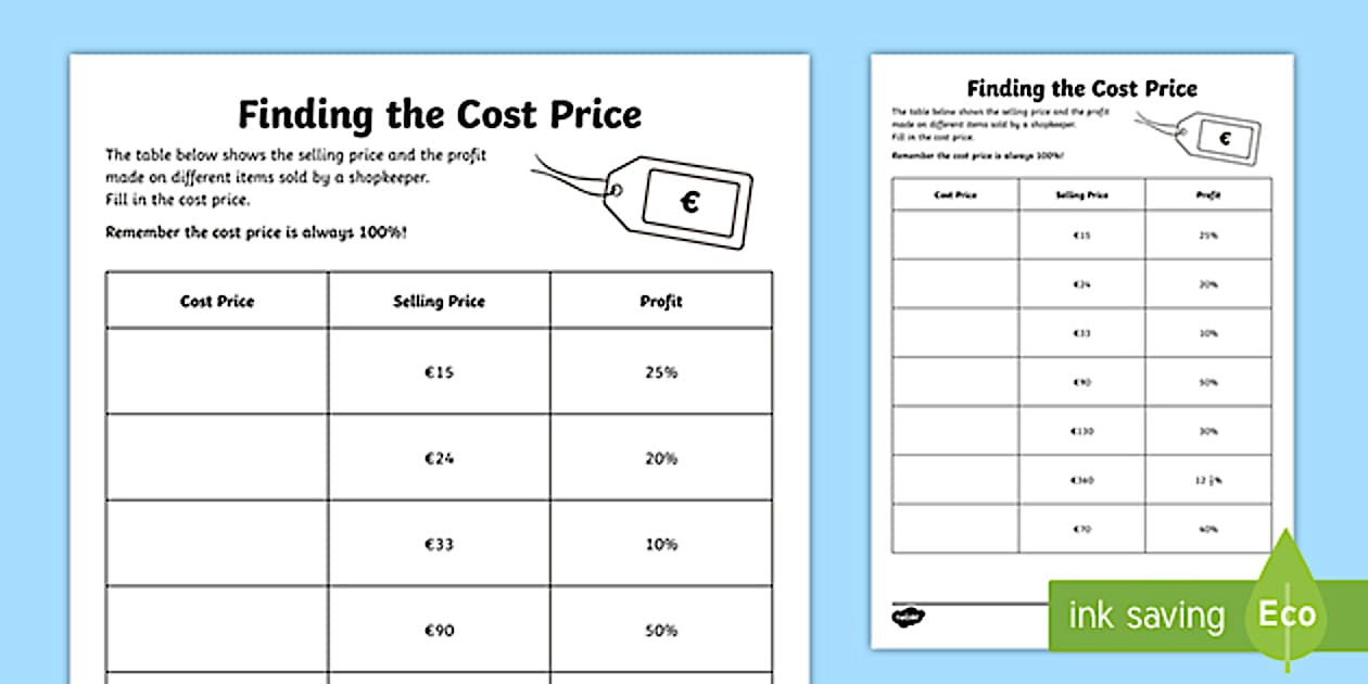 Finding the Cost Price Worksheet 1 (teacher made) - Twinkl