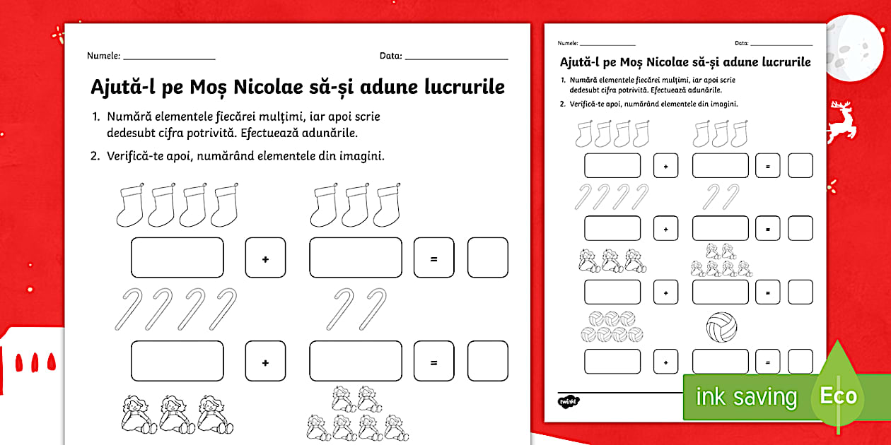 Adunari din sacul lui Mos Nicolae - Fișă de lucru - Twinkl