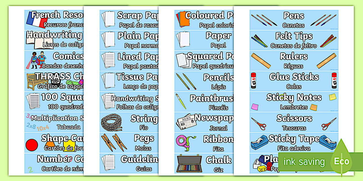 Classroom Equipment Tray Labels English/Portuguese - Classroom ...