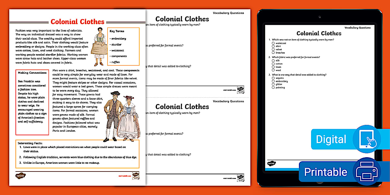 Fourth Grade Colonial Clothes Fact File and Vocabulary Questions
