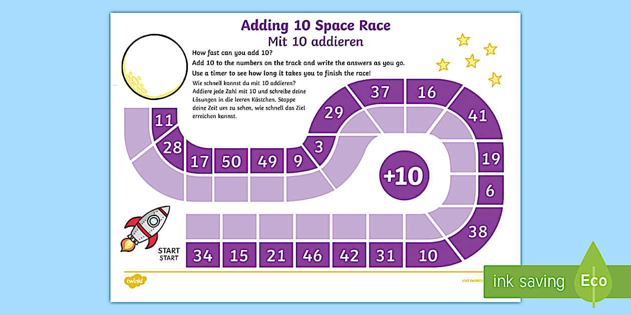 Adding 10 Race Worksheet / Worksheet English/German - Twinkl