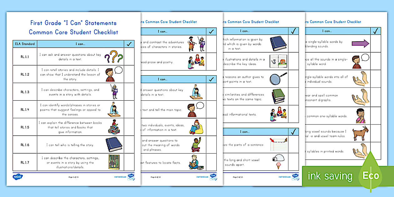 First Grade Common Core Standards Student Checklist - Twinkl