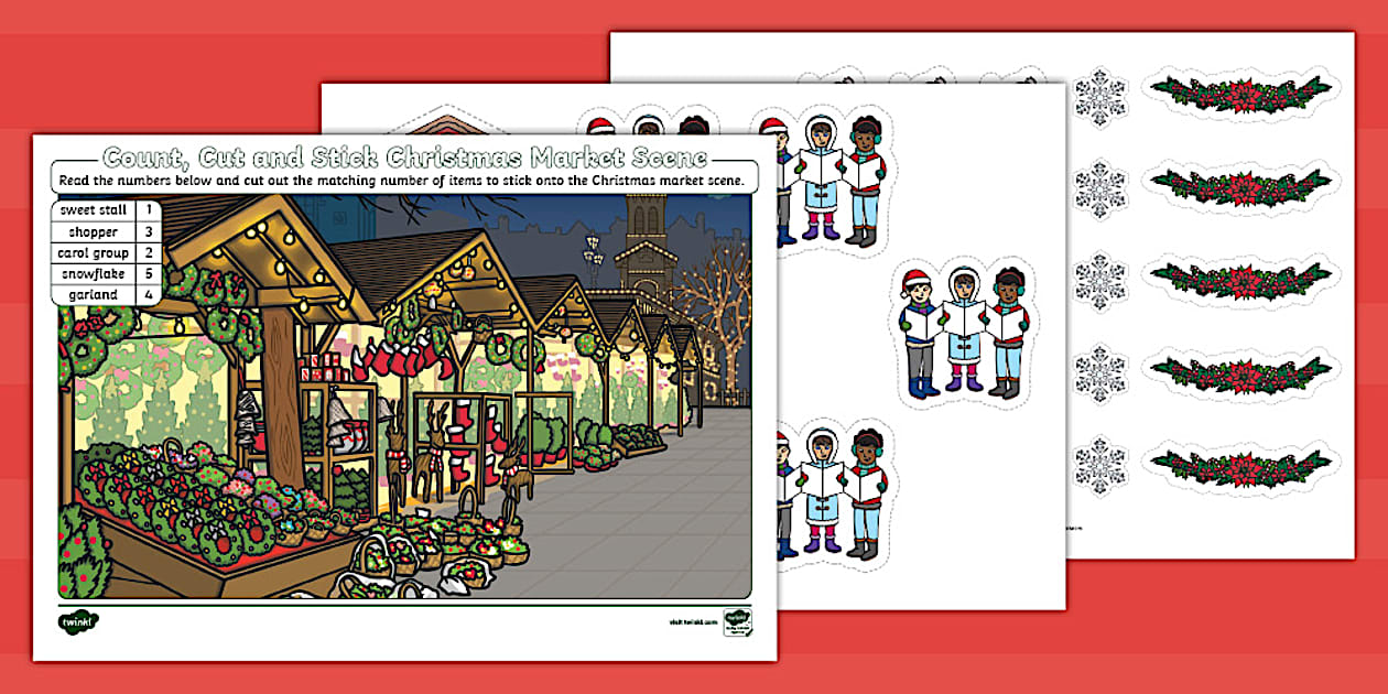 👉 Count, Cut and Stick Christmas Market Scene Worksheet