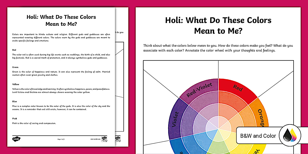 What Do These Colors Mean to Me? Holi Worksheet for 6th-8th Grade
