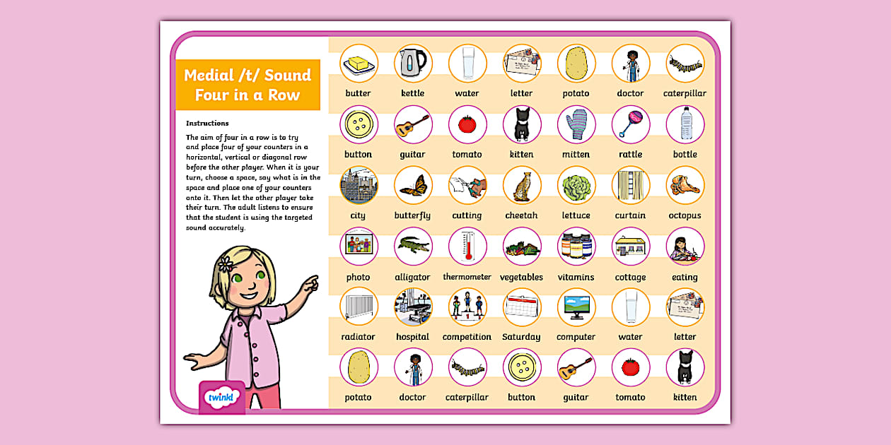 Medial /t/ Sound Four in a Row (teacher made) - Twinkl