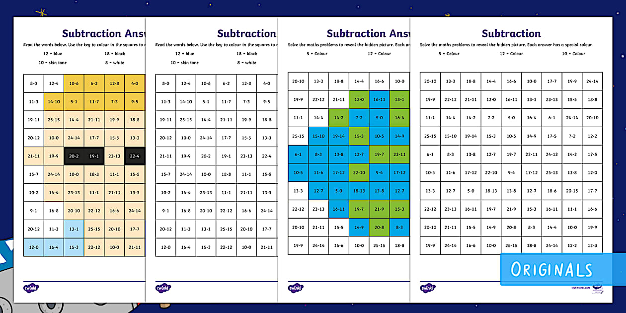 Back to Earth with a Bump Subtraction Up to 25 Maths Mosaic Worksheet