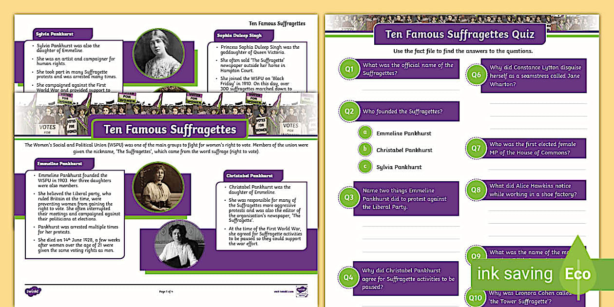 10 Famous Suffragettes Fact File and Quiz (teacher made)