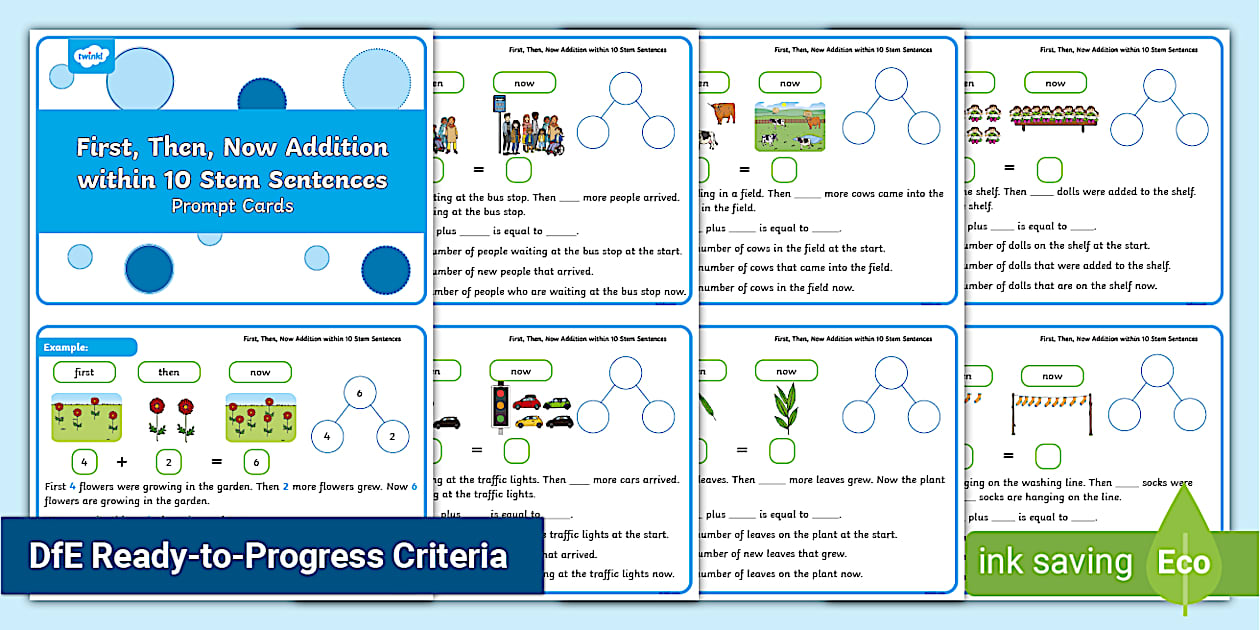 👉 First, Then, Now Addition within 10 Stem Sentences Prompt Cards