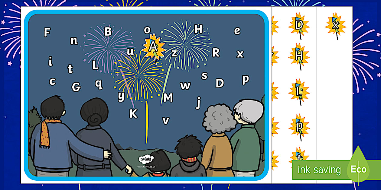 Black and White Fireworks Capital and Lower Case Letter Matching Activity